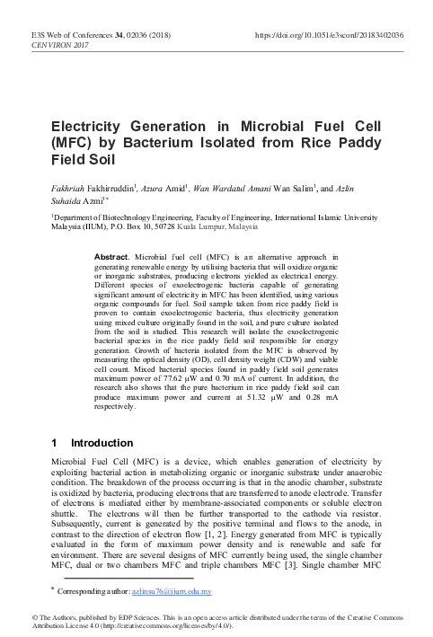 (PDF) Electricity Generation in Microbial Fuel Cell (MFC) by Bacterium Isolated from Rice Paddy ...