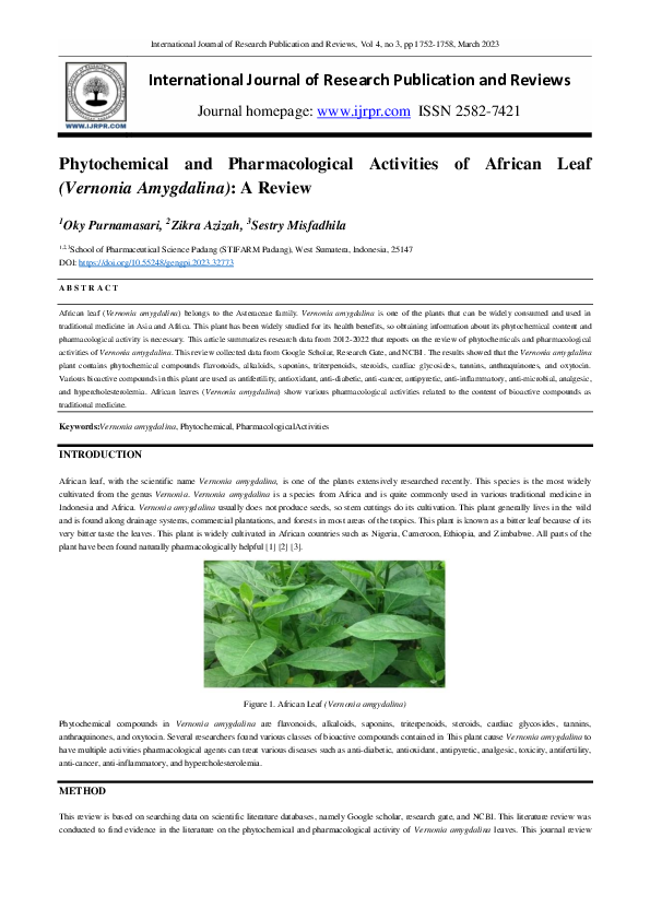 (PDF) Phytochemical and Pharmacological Activities of African Leaf (Vernonia Amygdalina): A Review