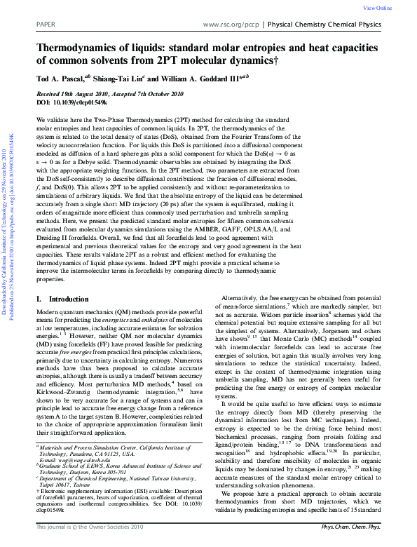 (PDF) Thermodynamics of liquids: standard molar entropies and heat ...