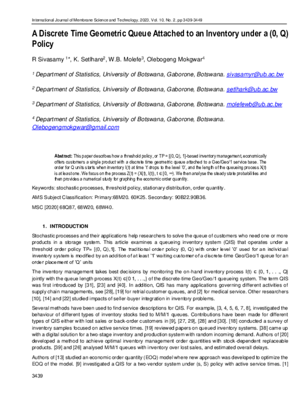 (PDF) A Discrete Time Geometric Queue Attached to an Inventory under a (0, Q) Policy