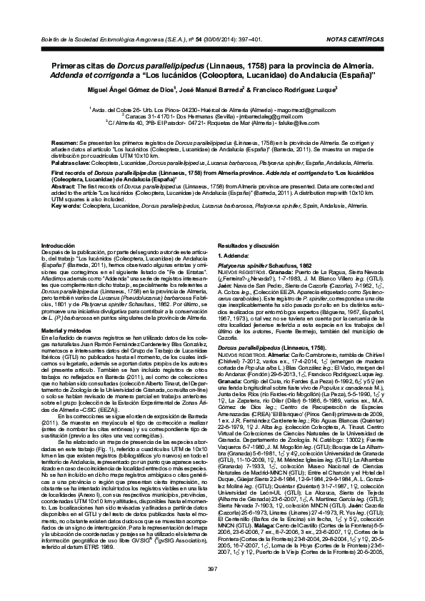 (PDF) Primeras citas de Dorcus parallelipipedus (Linnaeus, 1758) para ...