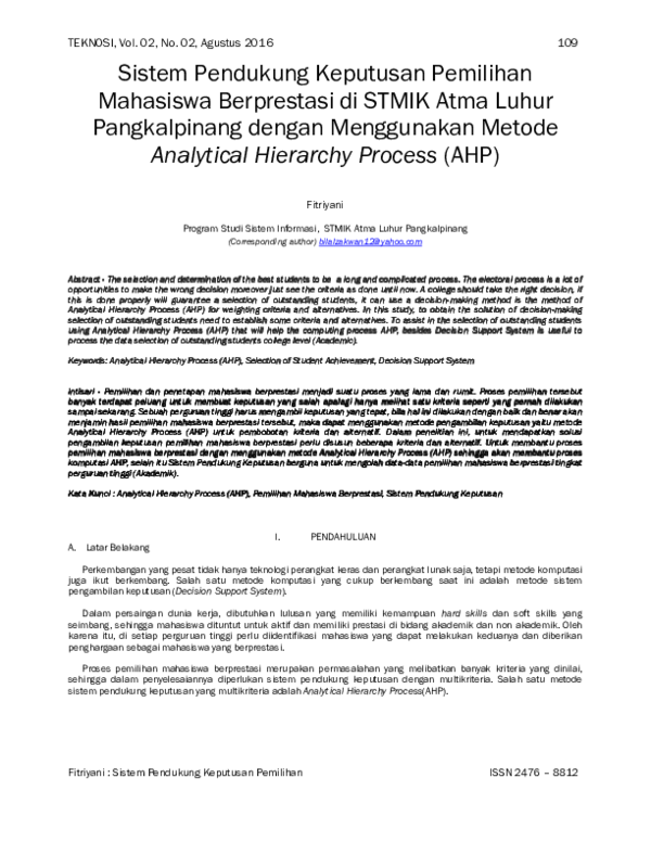(PDF) Sistem Pendukung Keputusan Pemilihan Mahasiswa Berprestasi di STMIK Atma Luhur ...