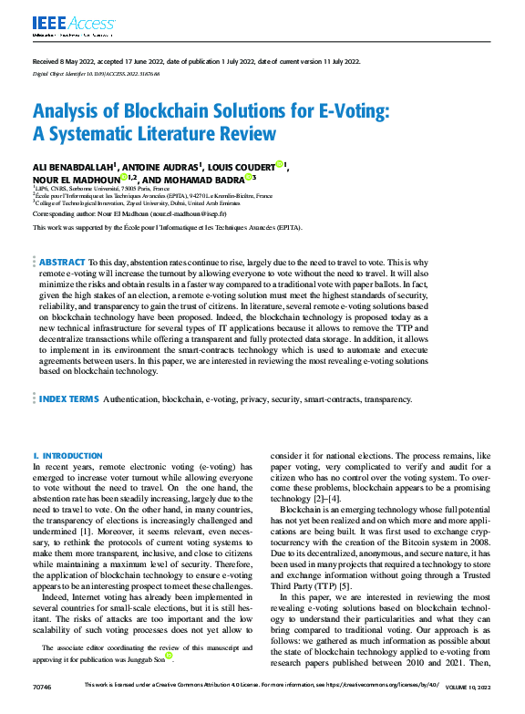 (PDF) Analysis of Blockchain Solutions for E-Voting: A Systematic Literature Review