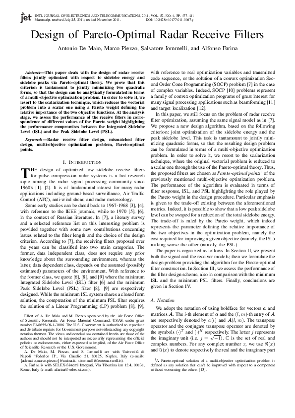 (PDF) Design of Pareto-Optimal Radar Receive Filters