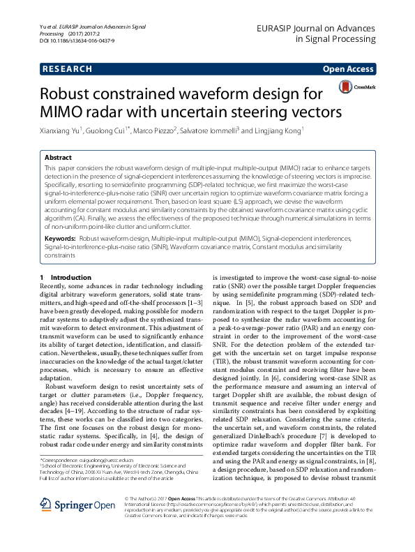 (PDF) Robust constrained waveform design for MIMO radar with uncertain steering vectors ...