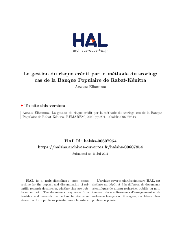 (PDF) La gestion du risque crédit par la méthode du scoring: cas de la Banque Populaire de Rabat ...