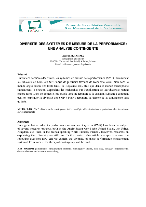 (PDF) Diversite Des Systemes De Mesure De La Performance: Une Analyse ...