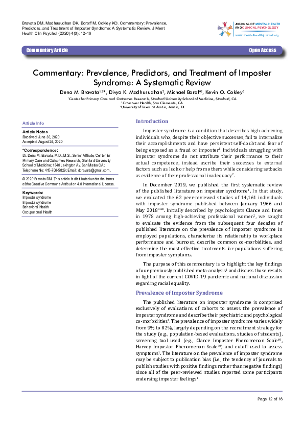 (PDF) Commentary: Prevalence, Predictors, and Treatment of Imposter ...