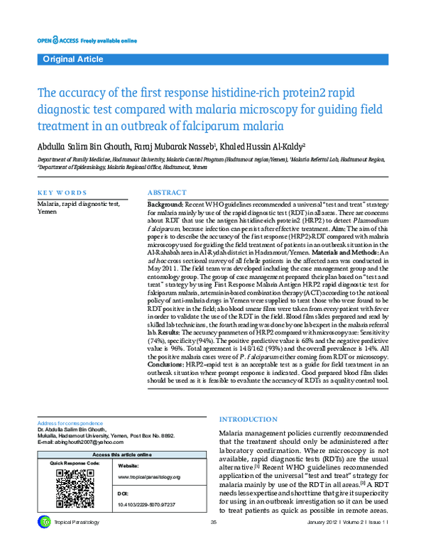 (PDF) The accuracy of the first response histidine-rich protein2 rapid ...