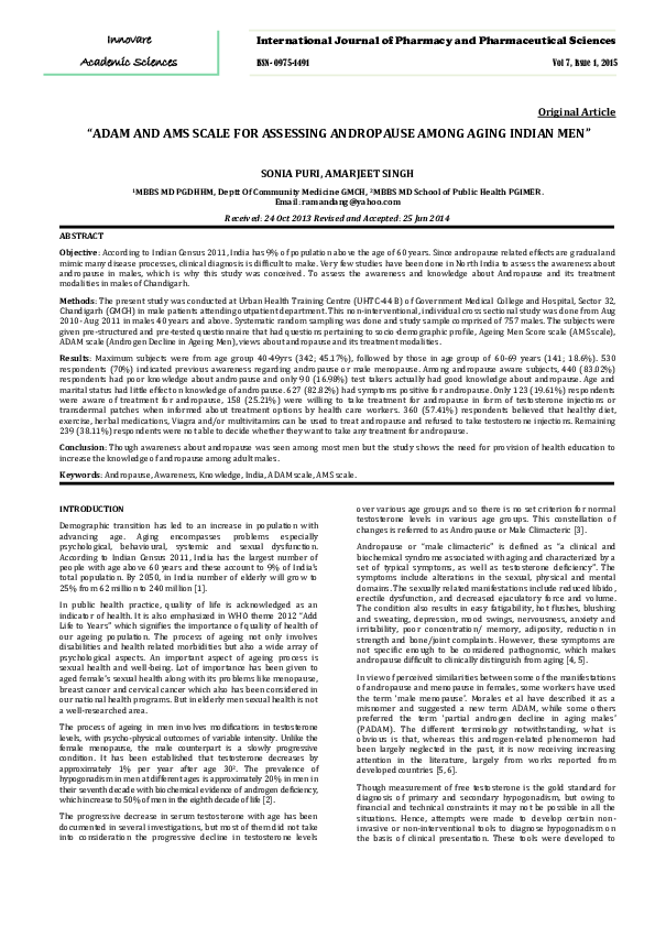 (PDF) "ADAM AND AMS SCALE FOR ASSESSING ANDROPAUSE AMONG AGING INDIAN ...