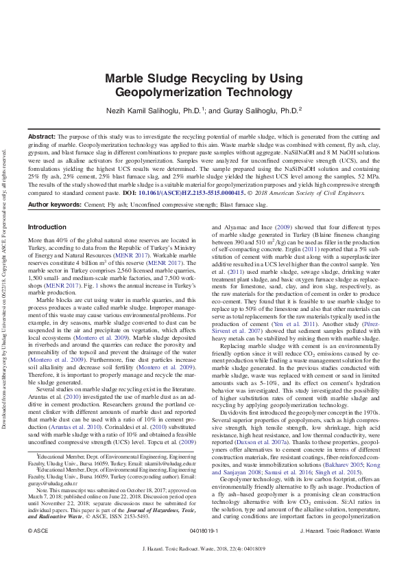 (PDF) Marble Sludge Recycling by Using Geopolymerization Technology