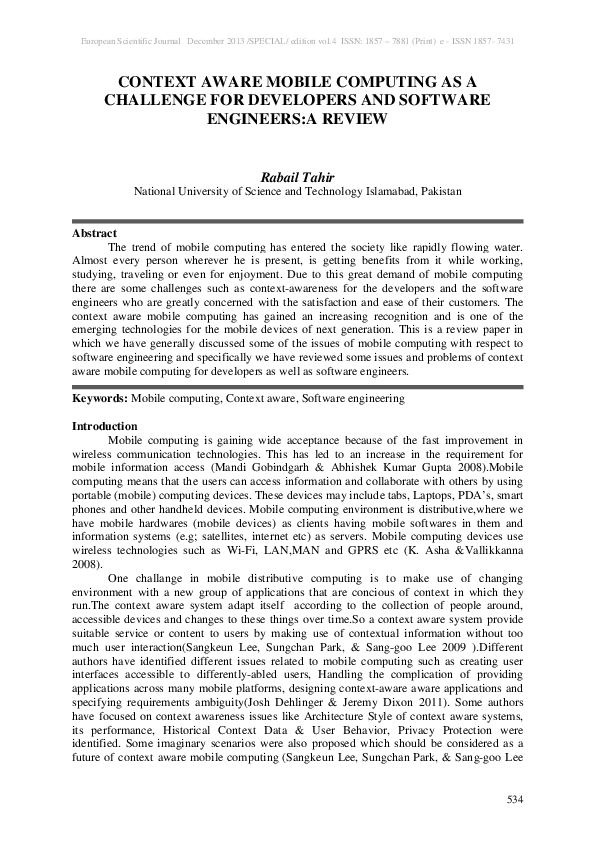 (PDF) Context Aware Mobile Computing as a Challenge for Developers and Software Engineers:A Review