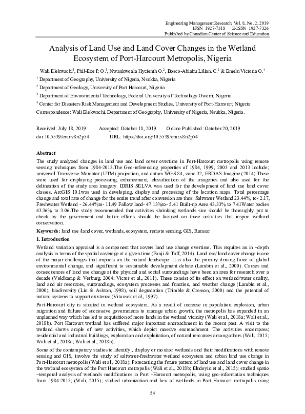 (PDF) Analysis of Land Use and Land Cover Changes in the Wetland Ecosystem of Port-Harcourt ...