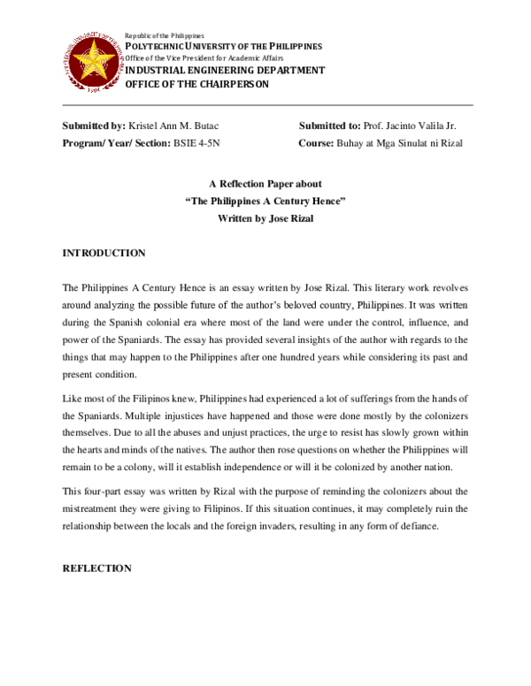 (PDF) A Reflection Paper about “The Philippines A Century Hence ...