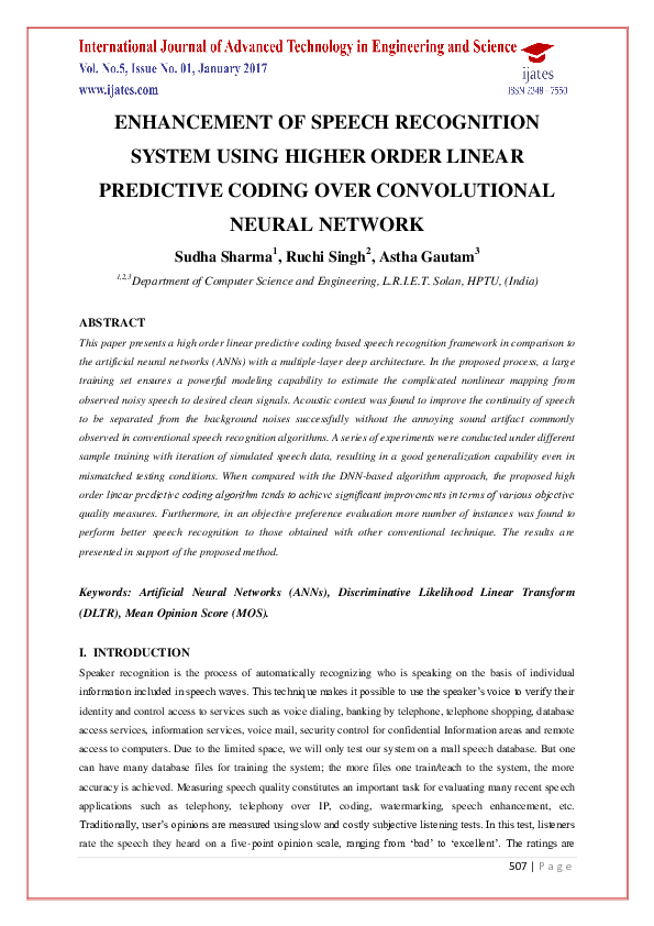(PDF) Enhancement of Speech Recognition System Using Higher Order Linear Predictive Coding Over ...