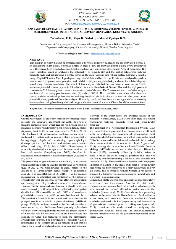 (PDF) ANALYSIS OF SPATIAL RELATIONSHIP BETWEEN GROUNDWATER POTENTIAL ZONES AND BOREHOLE YIELDS ...
