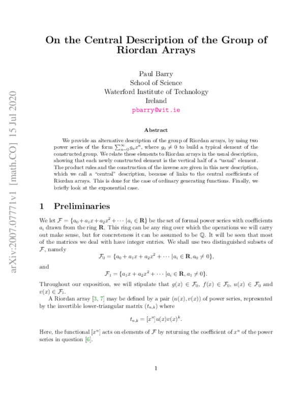 (PDF) On the Central Description of the Group of Riordan Arrays