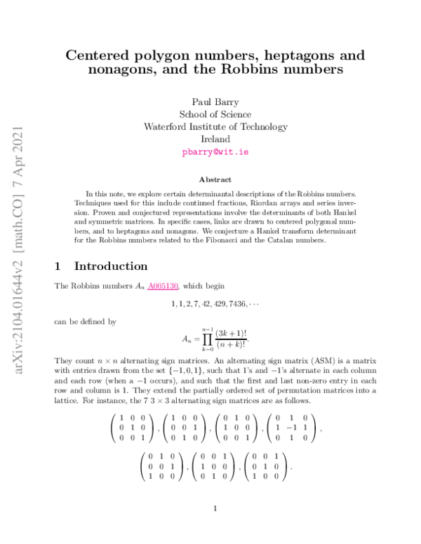 (PDF) Centered polygon numbers, heptagons and nonagons, and the Robbins ...