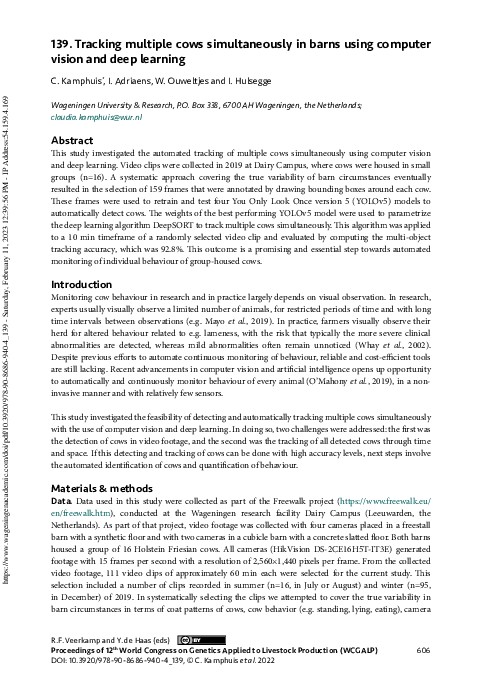 Pdf 139 Tracking Multiple Cows Simultaneously In Barns Using Computer Vision And Deep Learning