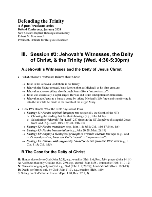 (PDF) Session 3: Jehovah's Witnesses, the Deity of Christ, and the Trinity