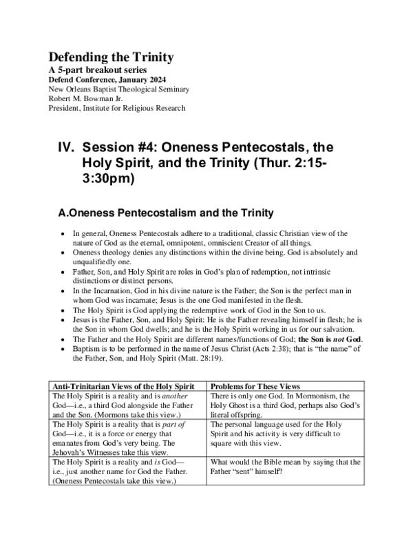 (PDF) Session 4: Oneness Pentecostals, the Holy Spirit, and the Trinity