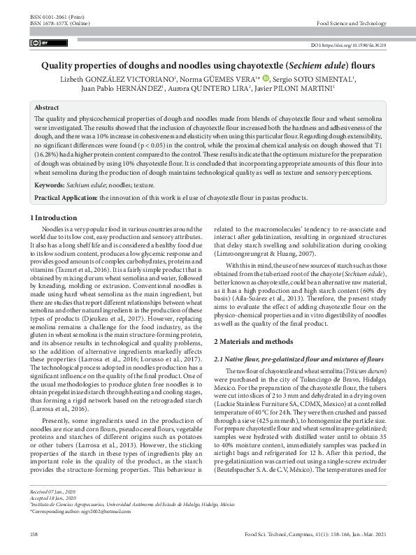 (PDF) Quality properties of doughs and noodles using chayotextle ...
