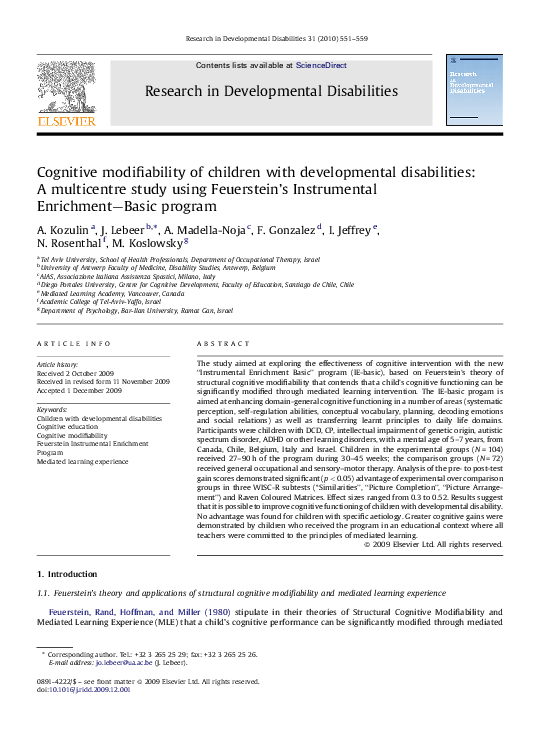(PDF) Cognitive modifiability of children with developmental ...