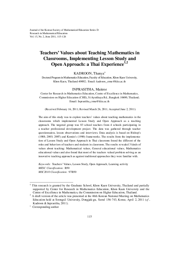 (PDF) Teachers` Values about Teaching Mathematics in Classrooms, Implementing Lesson Study and ...