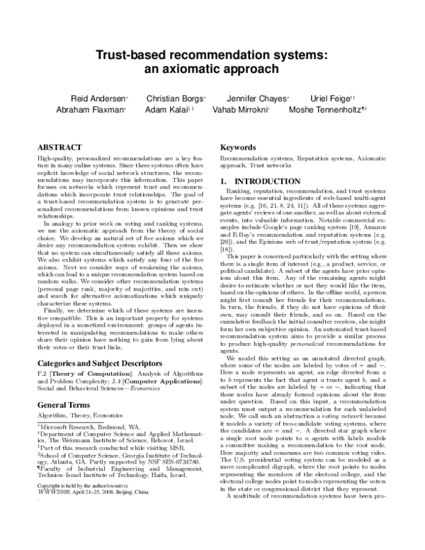 (PDF) Trust-Aware Recommendation Systems and Axioms