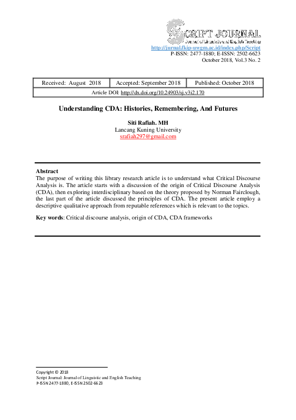 (PDF) Understanding CDA: Histories, Remembering, And Futures