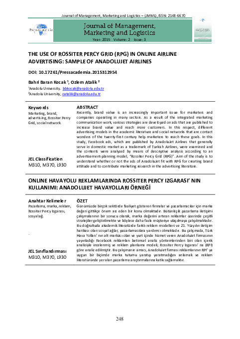 (PDF) The use of Rossiter Percy Grid (RPG) in online airline advertising:sample of Anadolujet ...
