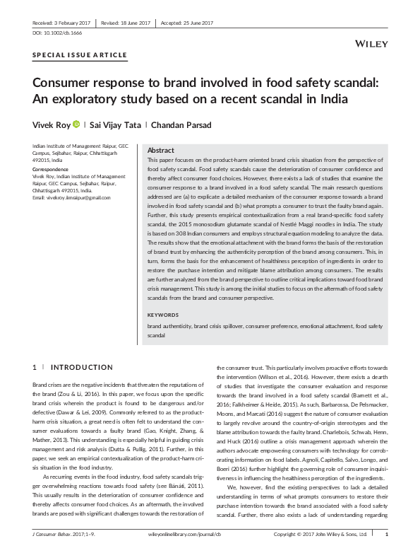 (PDF) Consumer response to brand involved in food safety scandal: An ...