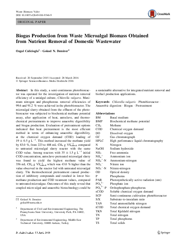 (PDF) Biogas Production from Waste Microalgal Biomass Obtained from Nutrient Removal of Domestic ...