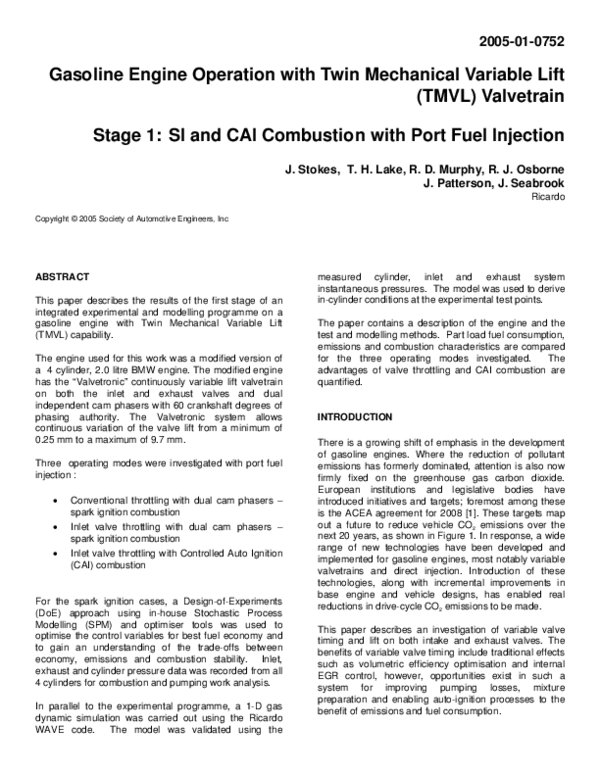 (PDF) Gasoline Engine Operation with Twin Mechanical Variable Lift ...
