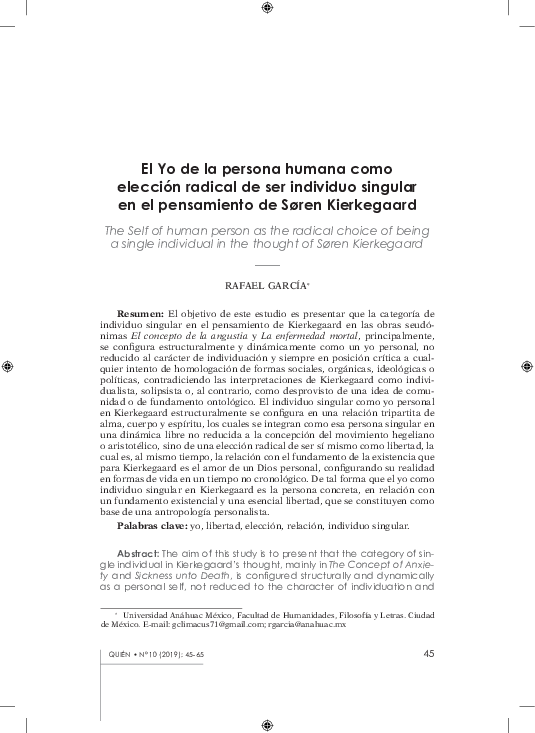 (PDF) El Yo de la persona humana como elección radical de ser individuo singular en el ...