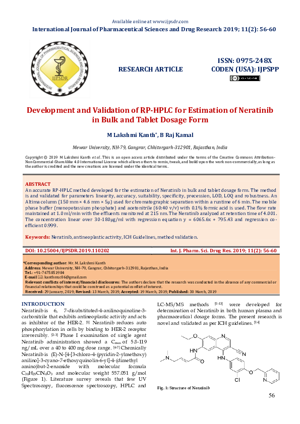 (PDF) Development and Validation of RP-HPLC for Estimation of Neratinib in Bulk and Tablet ...