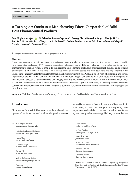 (PDF) A Training on: Continuous Manufacturing (Direct Compaction) of ...