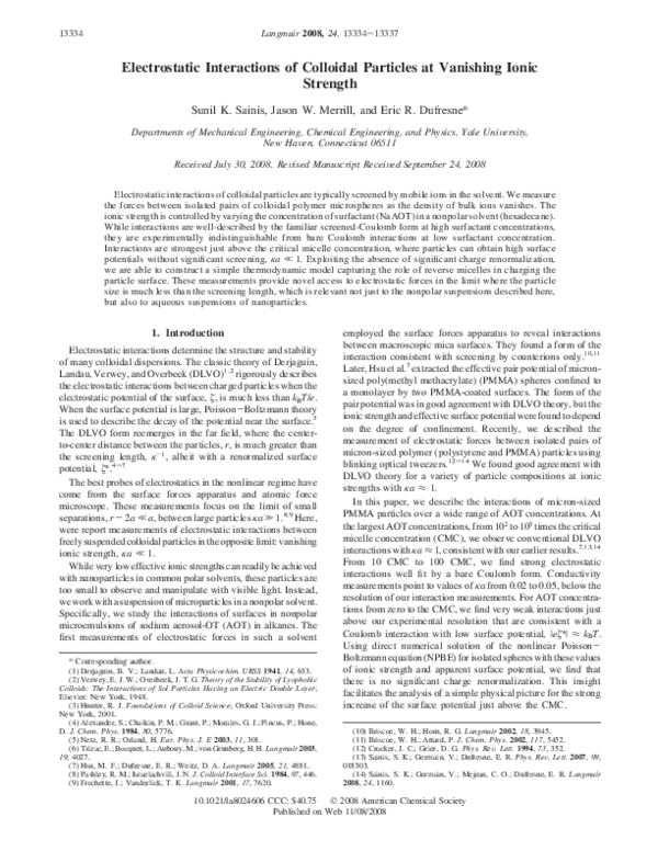Pdf Electrostatic Interactions Of Colloidal Particles At Vanishing Ionic Strength