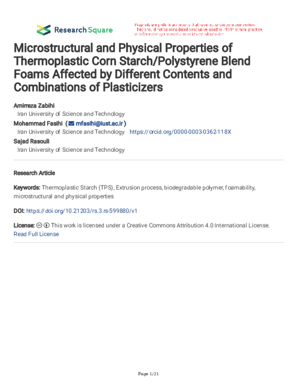 (PDF) Microstructural and Physical Properties of Thermoplastic Corn ...