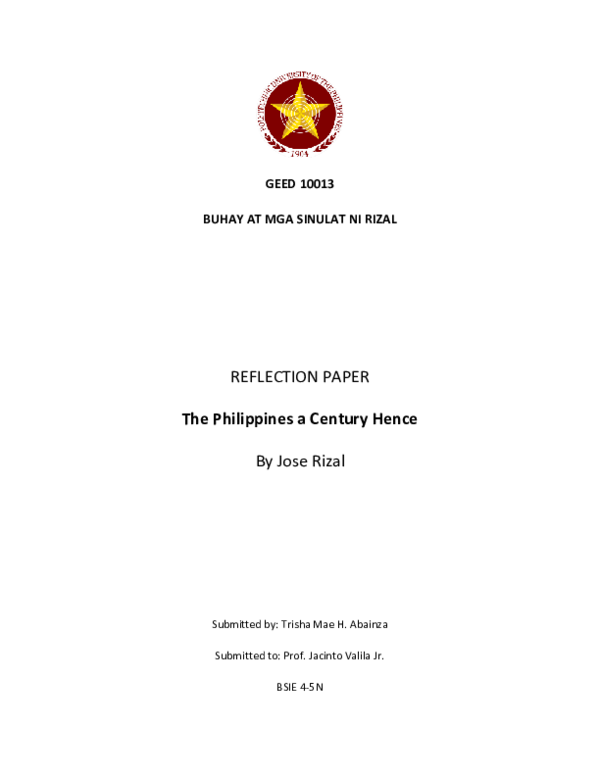 (PDF) A Reflection Paper on The Philippines a Century Hence by Jose RIzal