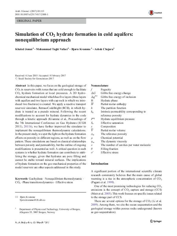 (PDF) Simulation of CO2 hydrate formation in cold aquifers ...