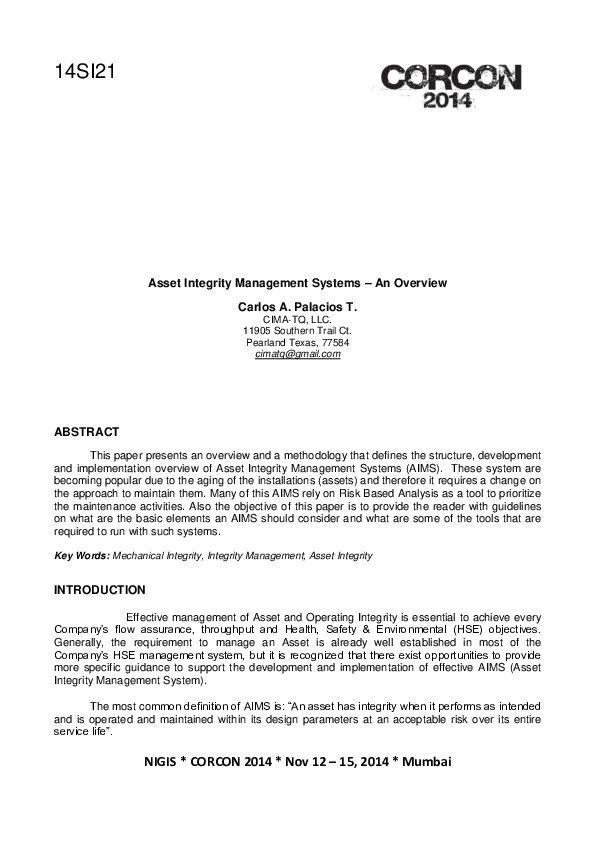 (PDF) Asset Integrity Management Systems -An Overview