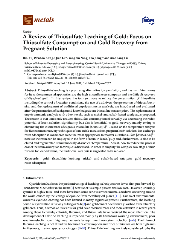 (PDF) A Review of Thiosulfate Leaching of Gold: Focus on Thiosulfate ...