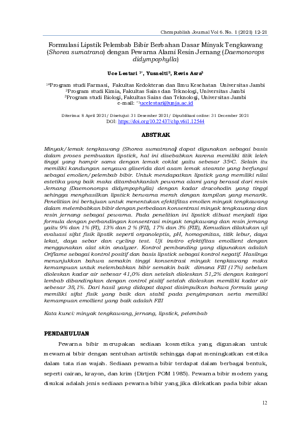 (PDF) Formulasi lipstik pelembab bibir berbahan dasar Minyak Tengkawang ...