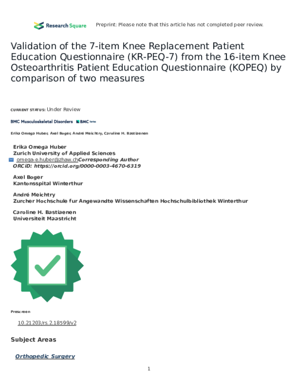 (PDF) Validation of the 7-item Knee Replacement Patient Education ...