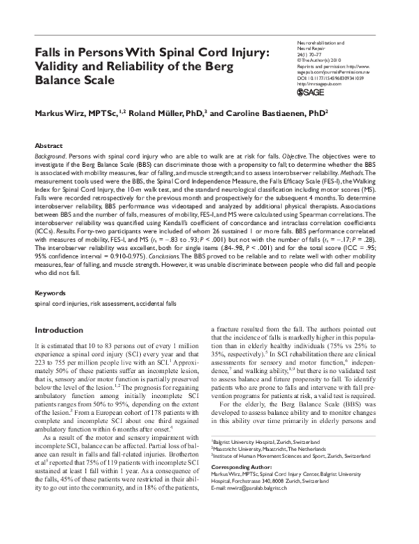 (PDF) Falls in Persons With Spinal Cord Injury: Validity and Reliability of the Berg Balance Scale