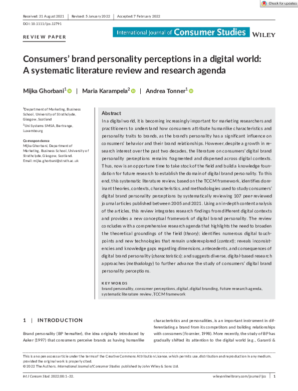 (PDF) Consumers’ brand personality perceptions in a digital world: A systematic literature ...