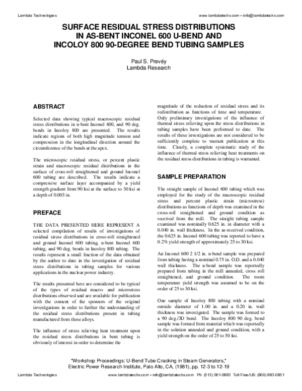 (PDF) Surface Residual Stress Distributions in As-Bent Inconel 600 U-Bend and Incoloy 800 90 ...