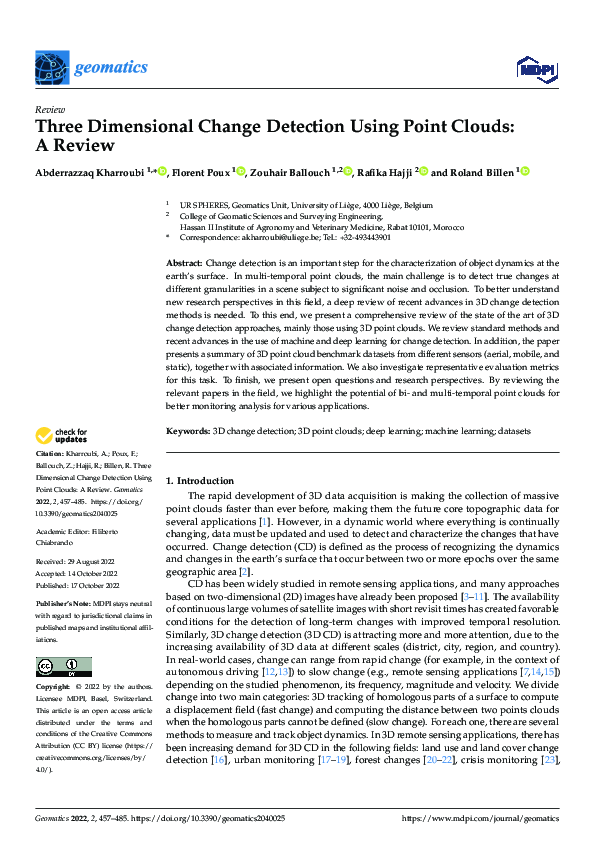 (PDF) Three Dimensional Change Detection Using Point Clouds: A Review