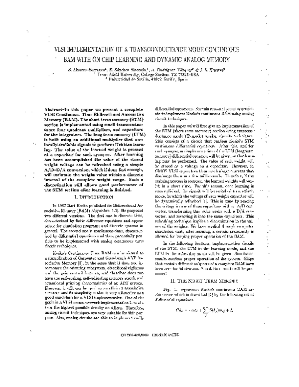 Pdf Vlsi Implementation Of A Transconductance Mode Continuous Bam With On Chip Learning And